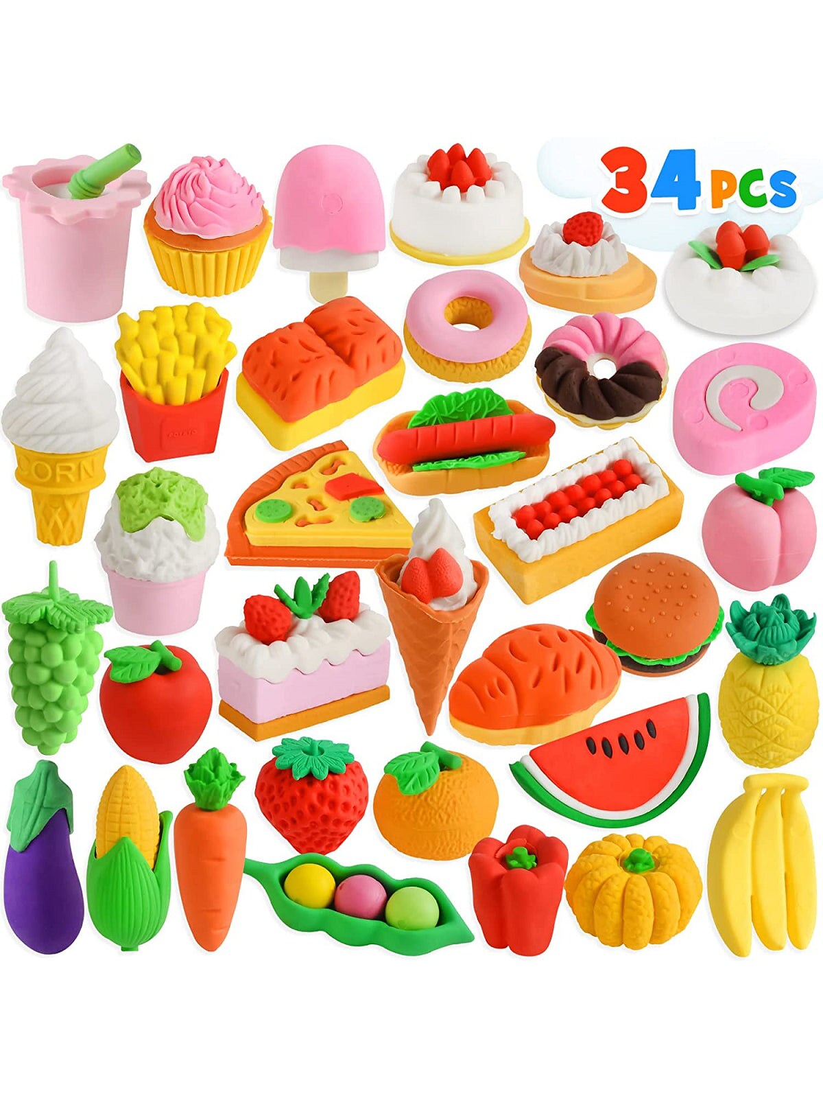 34Pcs Food Erasers Desk Pets for Kids Classroom, Cute Mini Erasers Fun ...
