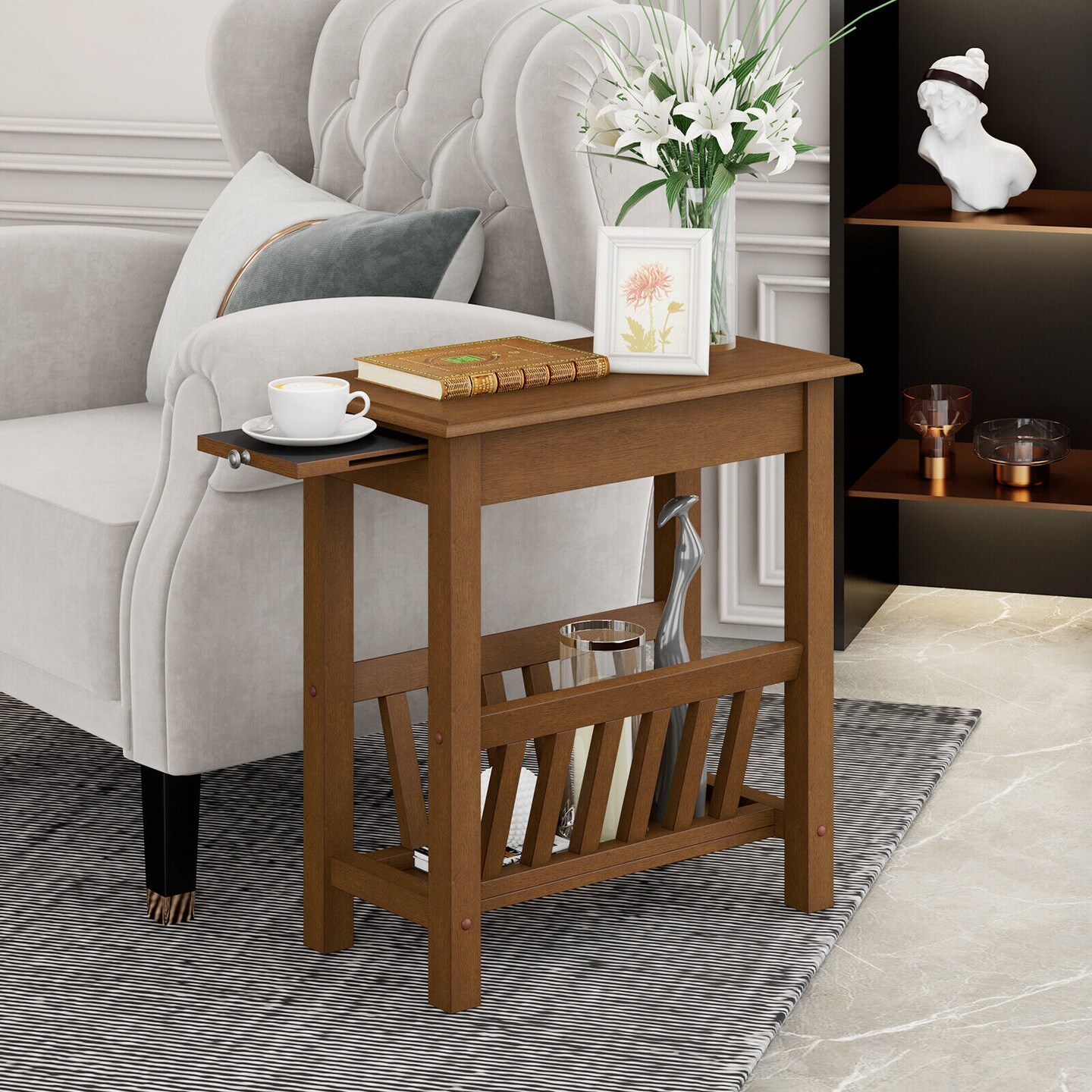 Chairside table with pull out tray store