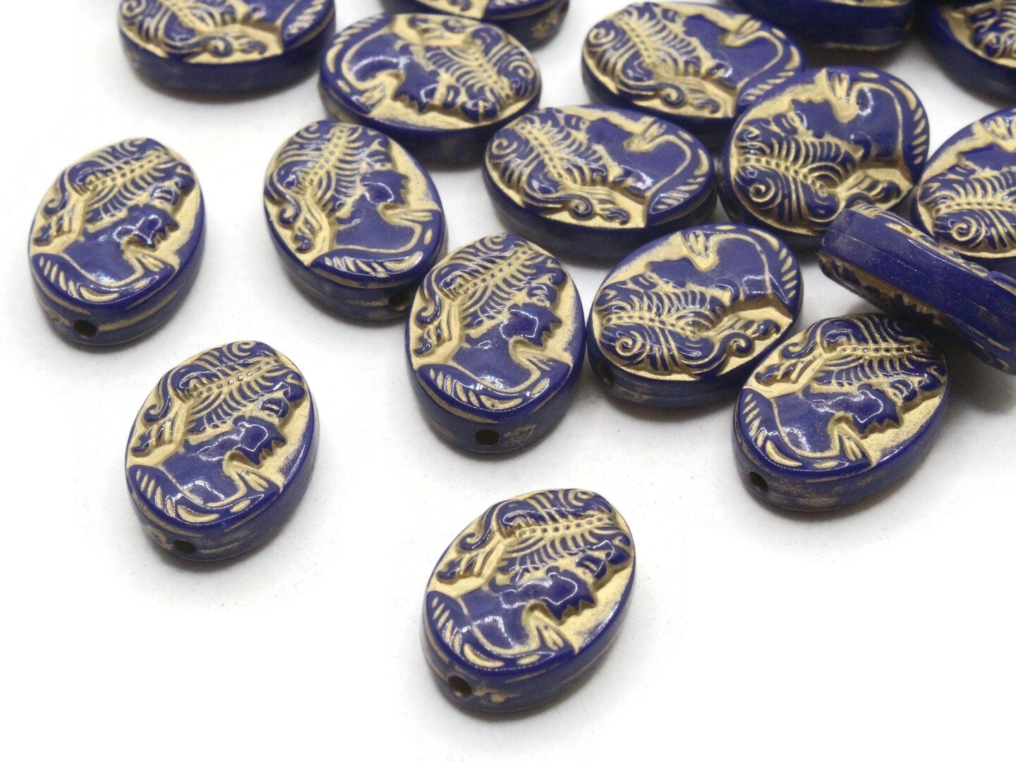 30 18mm Blue and Gold Cameo Plastic Flat Oval Beads | Michaels