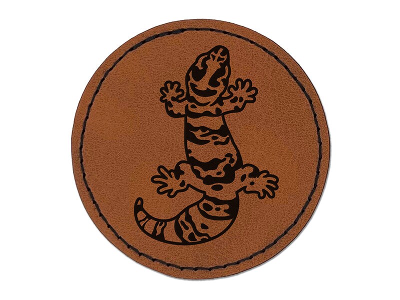 Chubby Leopard Gecko Lizard Round Iron-On Engraved Faux Leather Patch ...