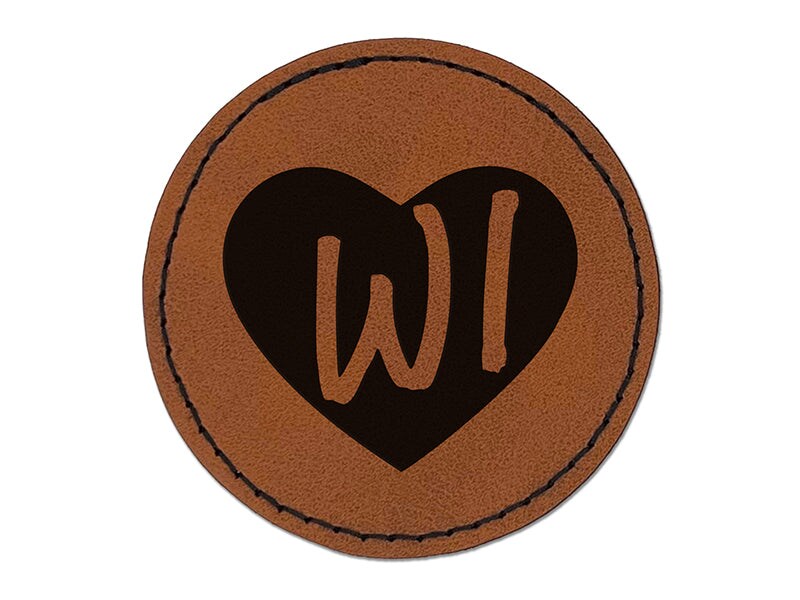 WI Wisconsin State in Heart Round Iron-On Engraved Faux Leather Patch ...