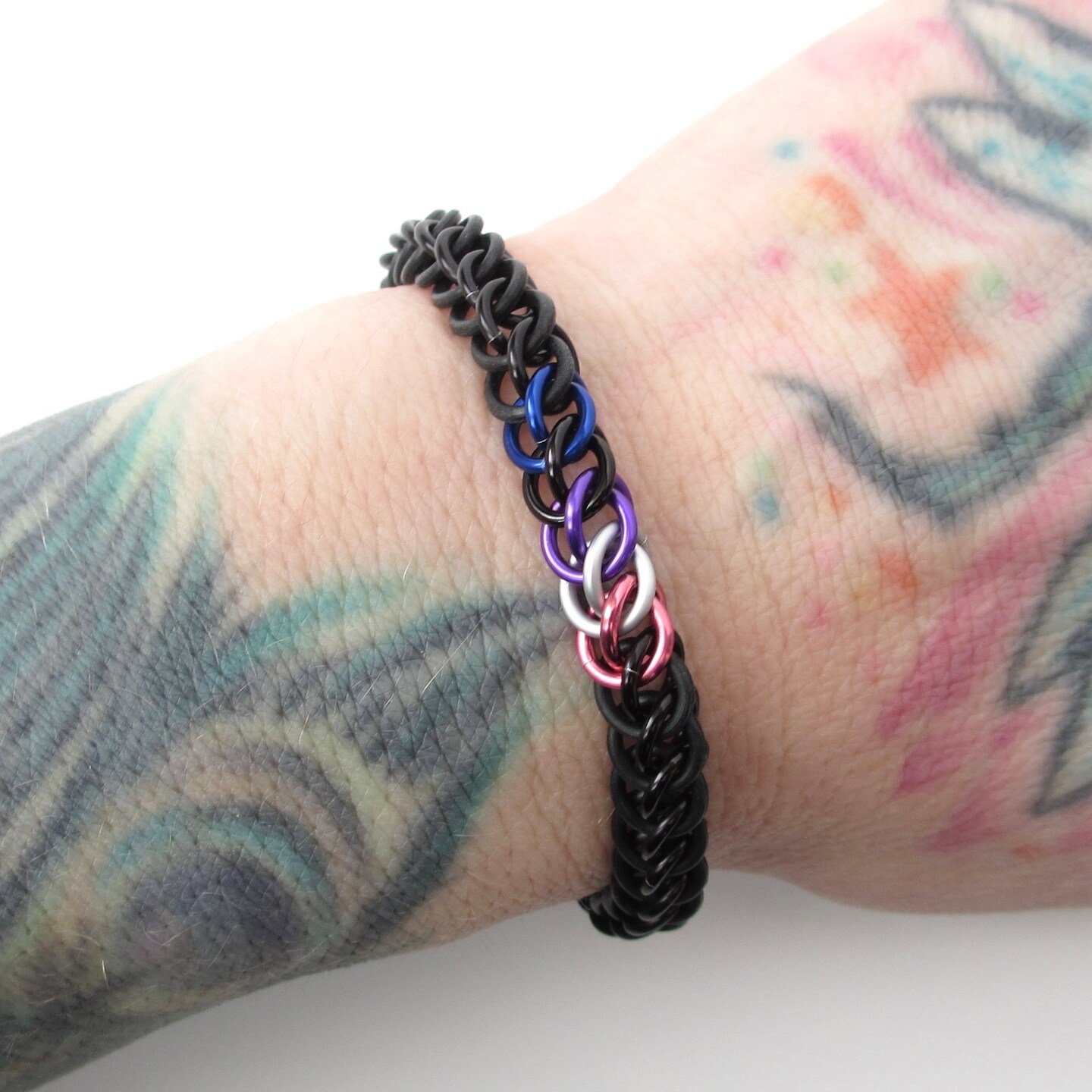 Genderfluid pride bracelet, stretchy chainmail half Persian 3 in 1 ...