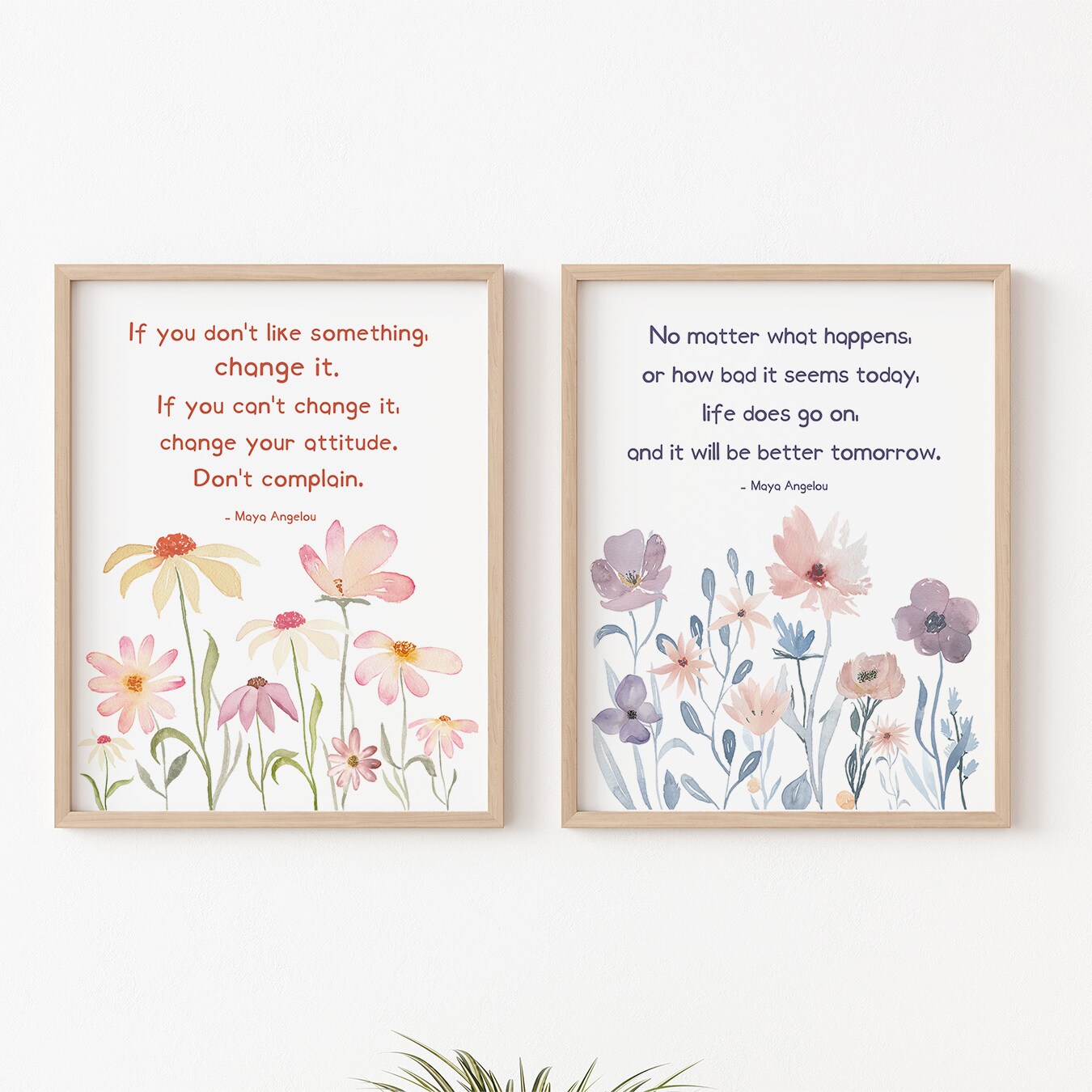 2PCS Maya Angelou Quotes Wall Art, Watercolor Floral Wall Decor ...