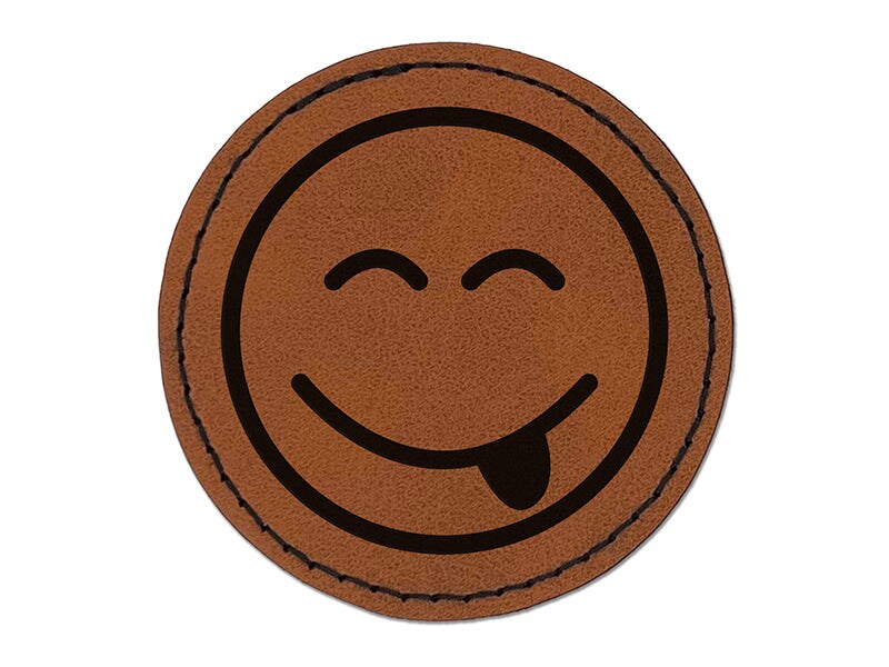 Tongue Out Face Emoticon Round Iron-On Engraved Faux Leather Patch ...
