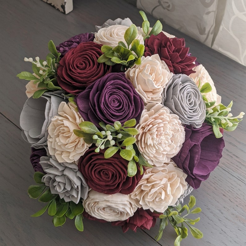 Plum, Burgundy, Light Gray, and Ivory Sola Wood Flower Bouquet with ...