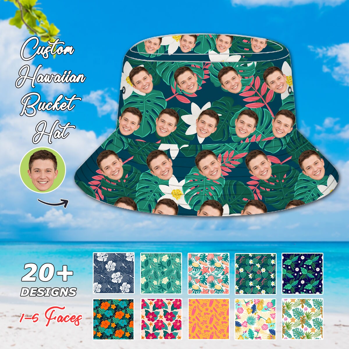 Custom Face Photo Hawaiian Bucket Hat - Personalized Wide Brim Outdoor ...