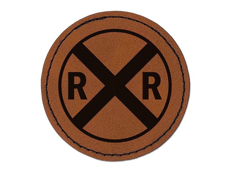Railroad Crossing Train Round Iron-On Engraved Faux Leather Patch ...