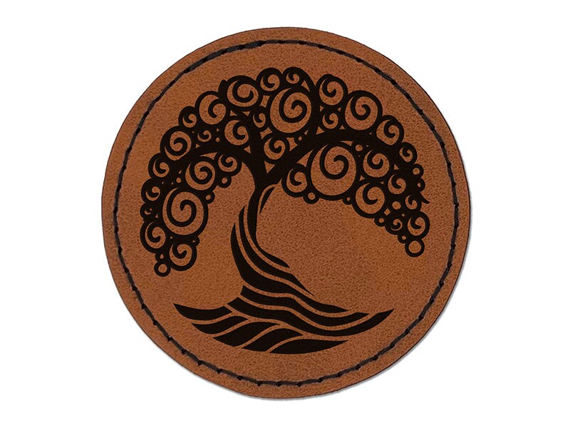 Abstract Tree of Life Round Iron-On Engraved Faux Leather Patch ...