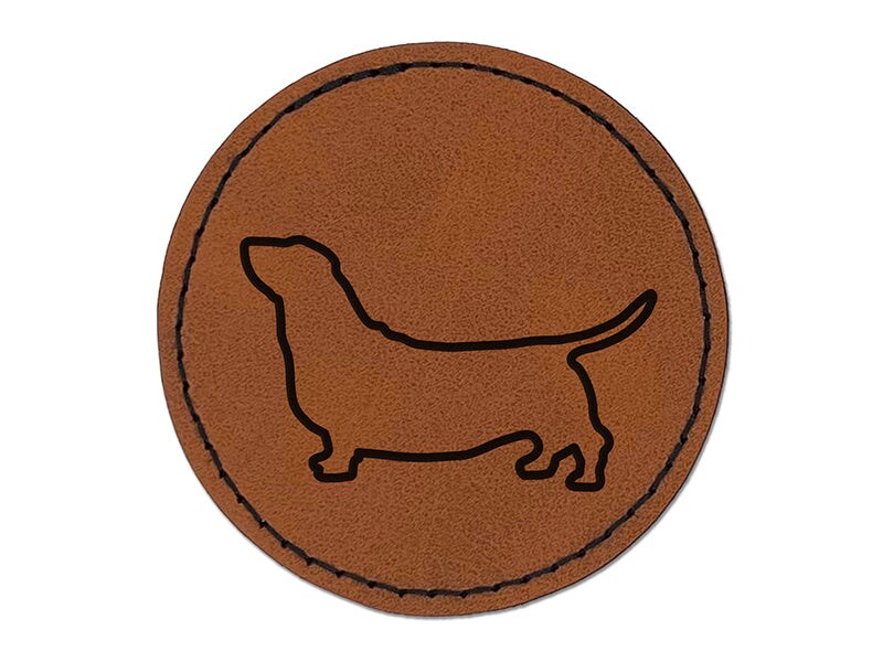 Basset Hound Dog Outline Round Iron-On Engraved Faux Leather Patch ...