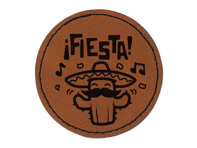 Fiesta Party Cactus with Sombrero Round Iron-On Engraved Faux Leather ...