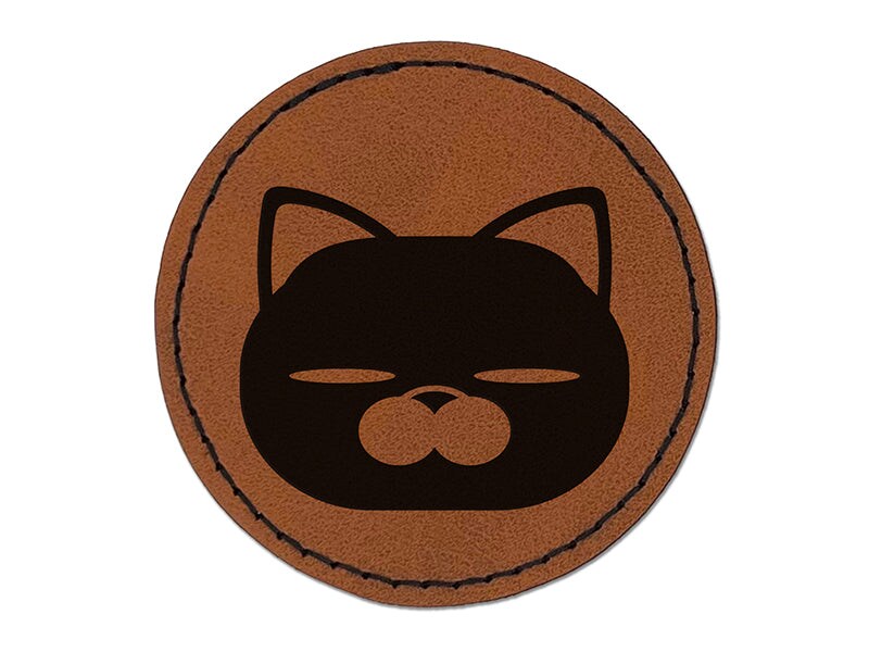 Round Cat Face Tired Round Iron-On Engraved Faux Leather Patch Applique ...