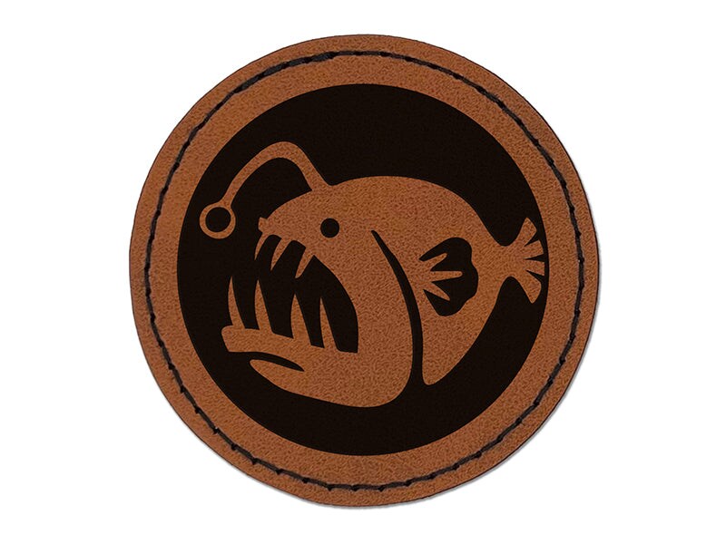Toothy Angler Fish Round Iron-On Engraved Faux Leather Patch Applique ...
