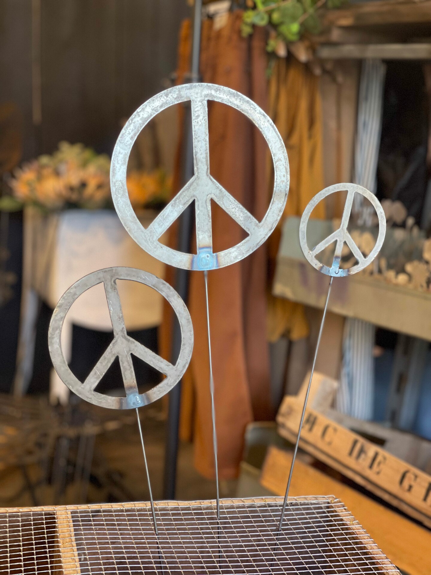 Set of 3 Peace Sign Raw Metal Garden Stakes Garden Decor | MakerPlace ...
