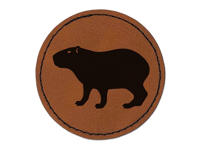 Capybara Standing Silhouette Round Iron-On Engraved Faux Leather Patch ...