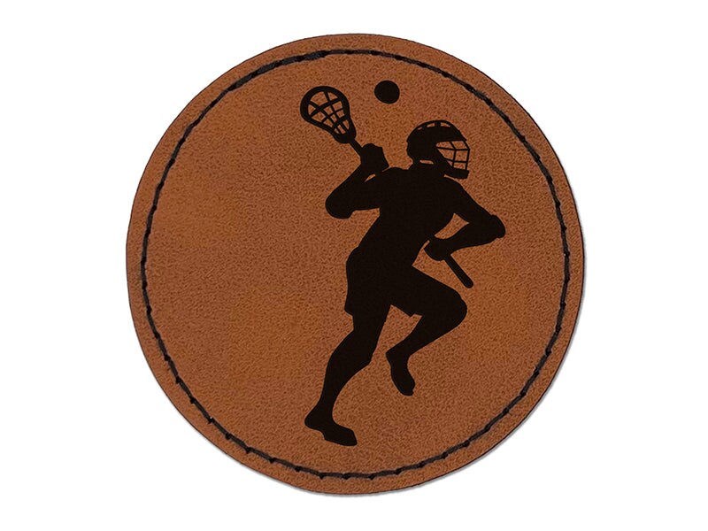 Lacrosse Player with Stick and Ball Round Iron-On Engraved Faux Leather ...