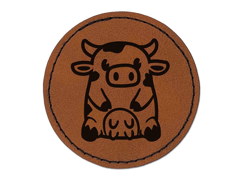 Cute Spotted Cow Sitting Round Iron-On Engraved Faux Leather Patch ...