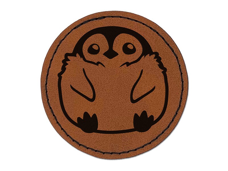 Cute Fluffy Baby Penguin Round Iron-On Engraved Faux Leather Patch ...