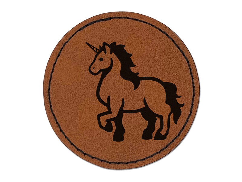 Elegant Majestic Mythical Unicorn Round Iron-On Engraved Faux Leather Patch Applique - 2.5 ...