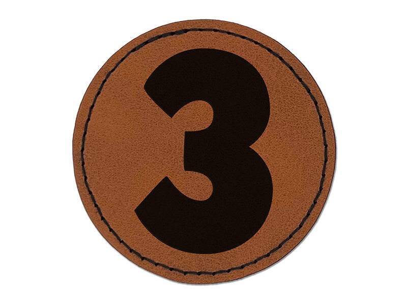 Number 3 Three Fun Bold Font Round Iron-On Engraved Faux Leather Patch ...