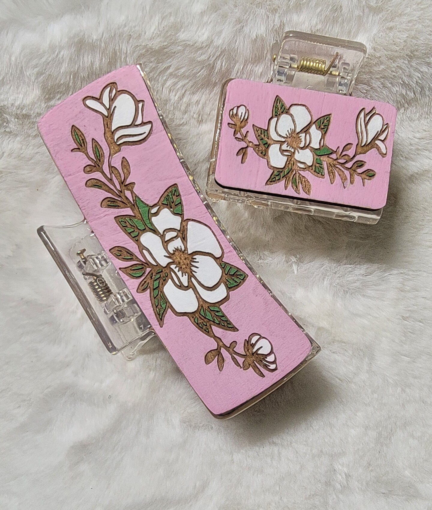 Magnolia Flower Handpainted Wood Hair Clip, Laser Engraved, Etched ...