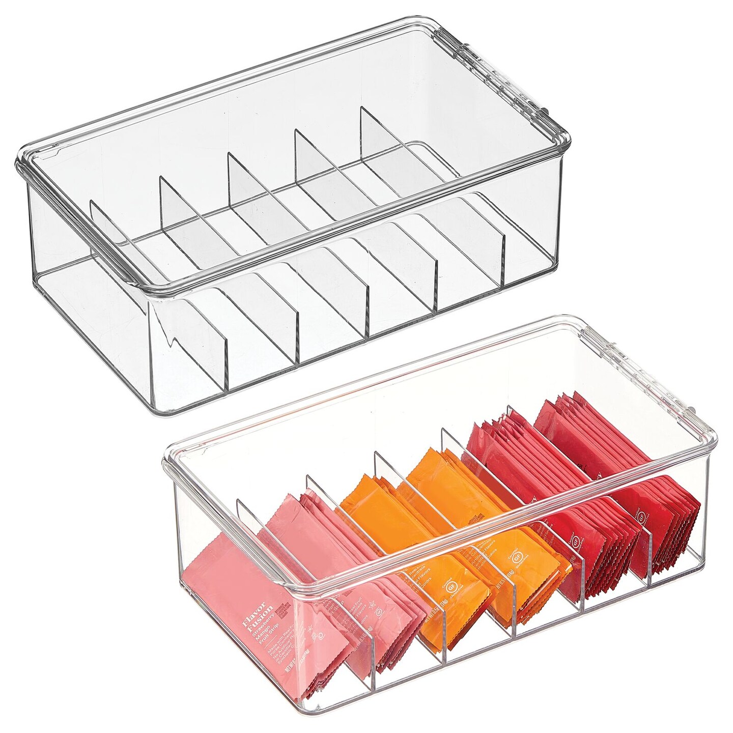mDesign Plastic Kitchen Organizer Bin w/ Hinged Lid; 6 Sections - Clear ...