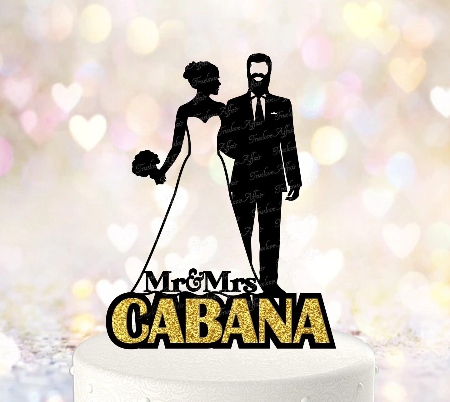 Silhouette Wedding Cake Topper Featuring Groom with Beard; Personalized ...