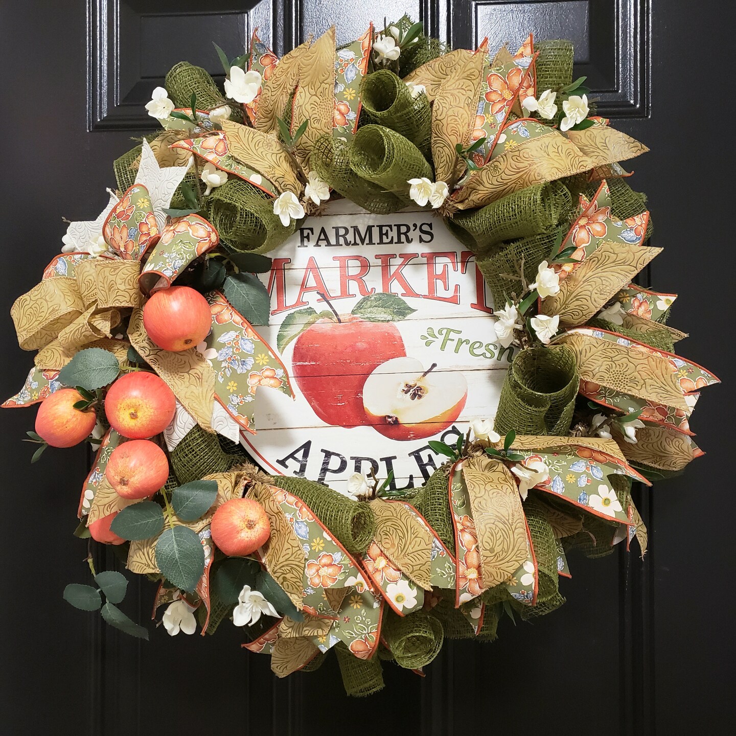Farm Market Apples Door Wreath Sage Green and Cream Faux Apples and ...
