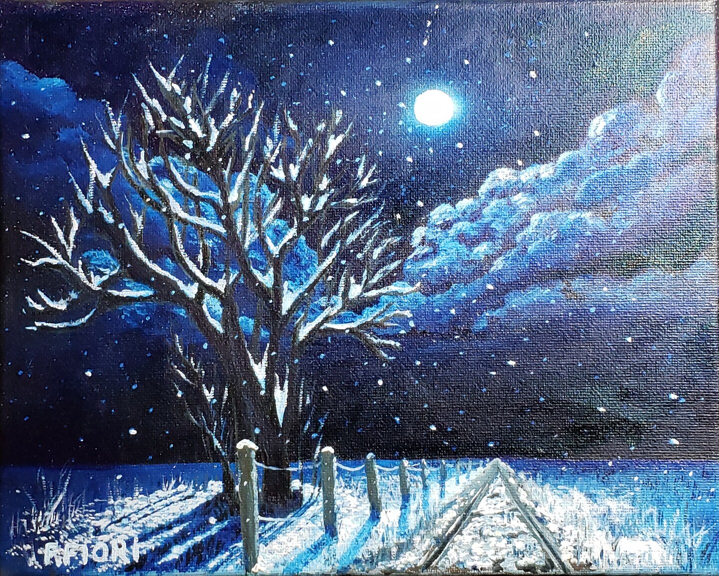 Impressionistic landscape oil painting of snow covered tree, moonlit ...