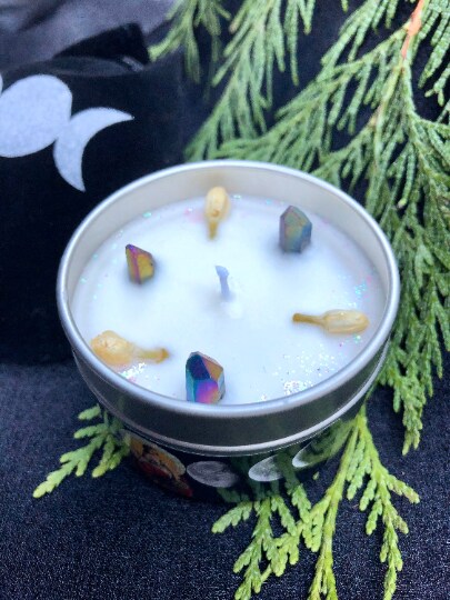 Moon Goddess coconut soy candle, moonlight garden scent, made with rainbow crystals and dried ...