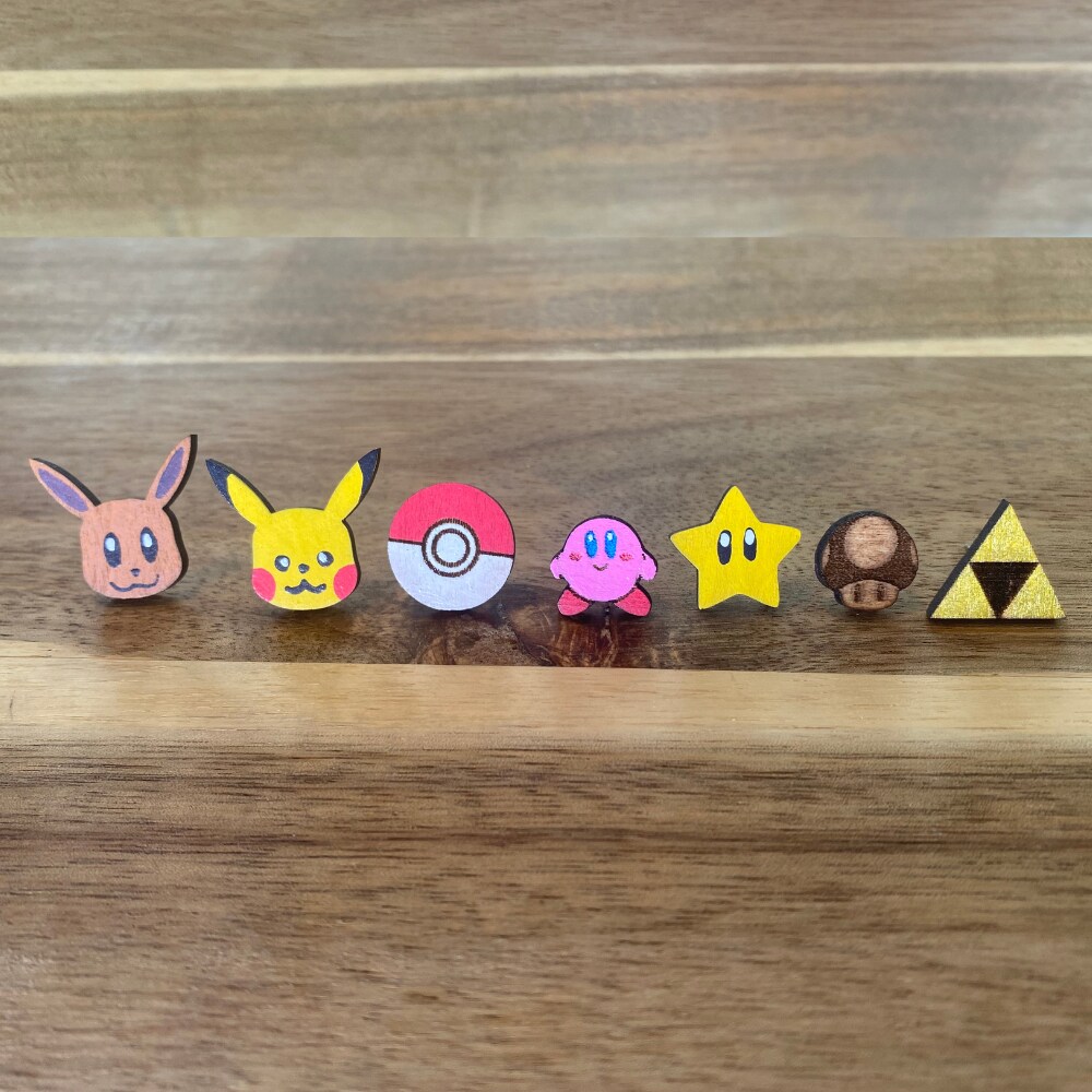 Wooden Nintendo Stud Earrings | Pikachu, Eevee, Pokeball, Kirby, Super ... Wooden Nintendo Stud Earrings | Pikachu, Eevee, Pokeball, Kirby, Super ...