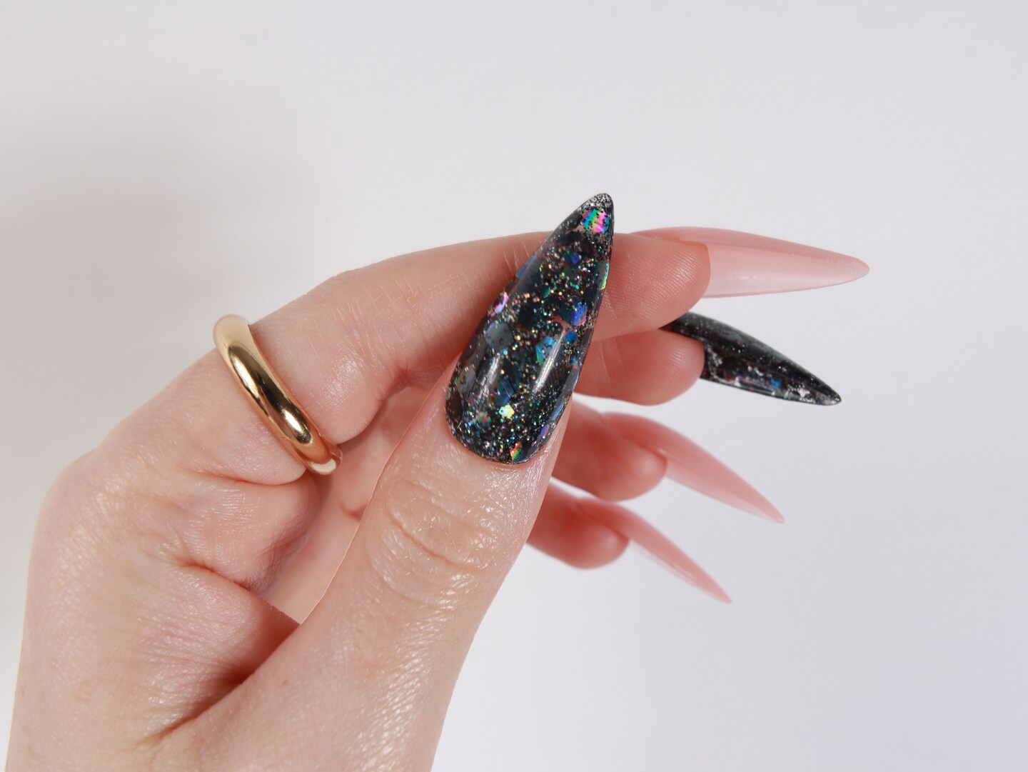 Handmade Press on Nails | Encapsulated Black Glitter Hard Gel Press on Nails | Sculpted Press on ...