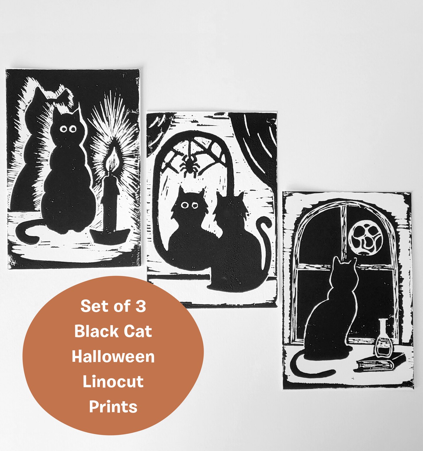 Black Cats Linocut Prints | Set of 3 Cat Art Prints | 4x6 | MakerPlace ...