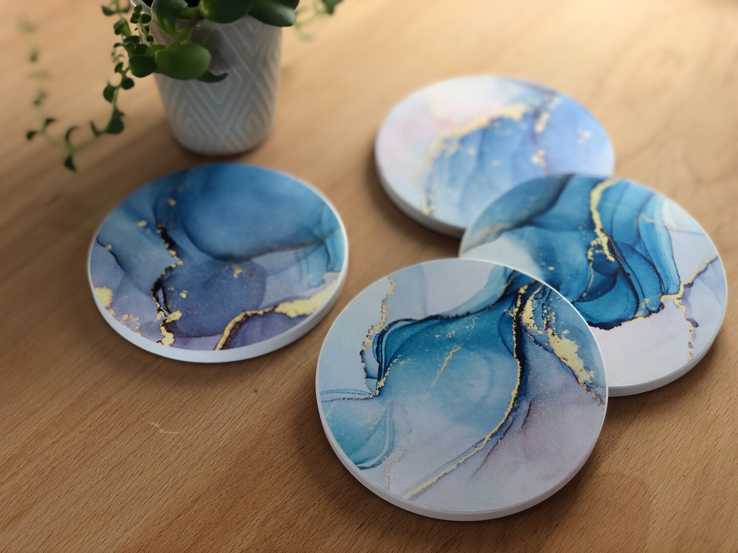 Handcrafted Blue Marble Coasters, Round Ceramic Coasters, Set of 4 ...