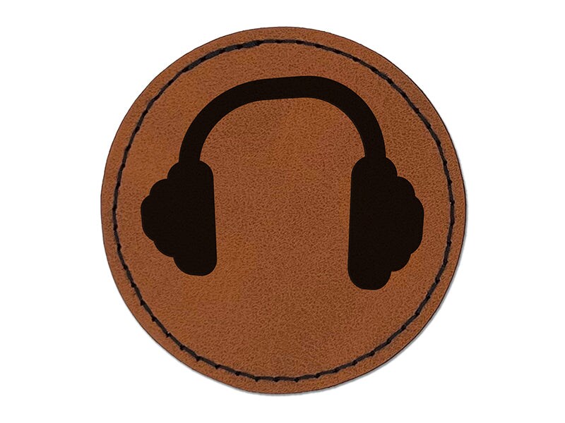 Headphones Ear Solid Round Iron-On Engraved Faux Leather Patch Applique ...
