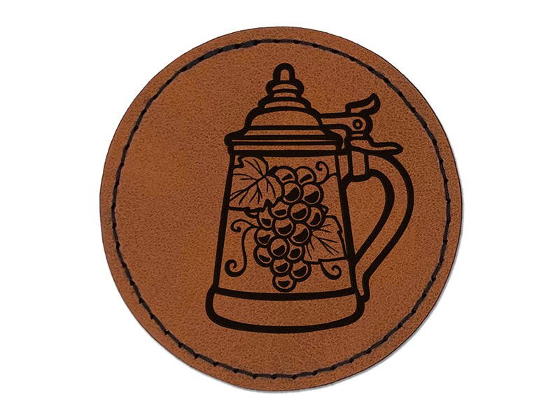 Hand Drawn German Beer Stein Round Iron-On Engraved Faux Leather Patch ...