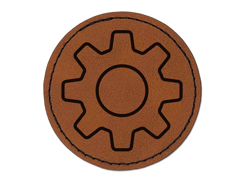 Gear Outline Round Iron-On Engraved Faux Leather Patch Applique - 2.5 ...