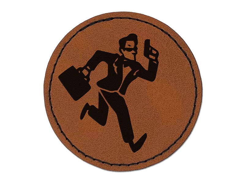 Spy Secret Agent with Briefcase Round Iron-On Engraved Faux Leather ...
