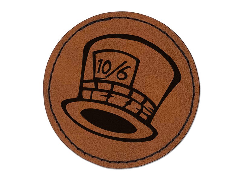 Mad Hatter Hat from Alice in Wonderland Round Iron-On Engraved Faux Leather Patch Applique - 2.5 ...