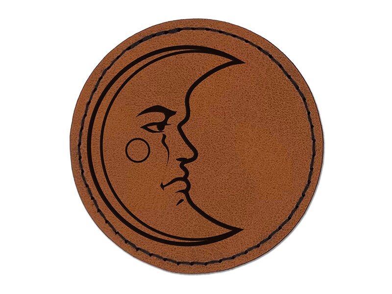 Heraldic Moon Face Round Iron-On Engraved Faux Leather Patch Applique ...