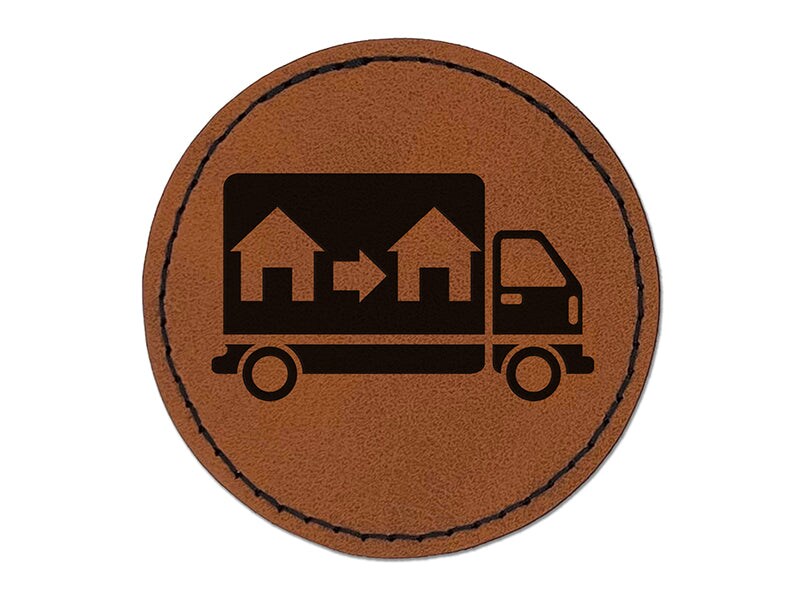 Moving Truck Vehicle Icon Round Iron-On Engraved Faux Leather Patch ...