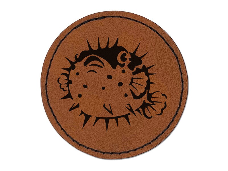 Startled Spiny Puffed Pufferfish Funny Fugu Round Iron-On Engraved Faux ...
