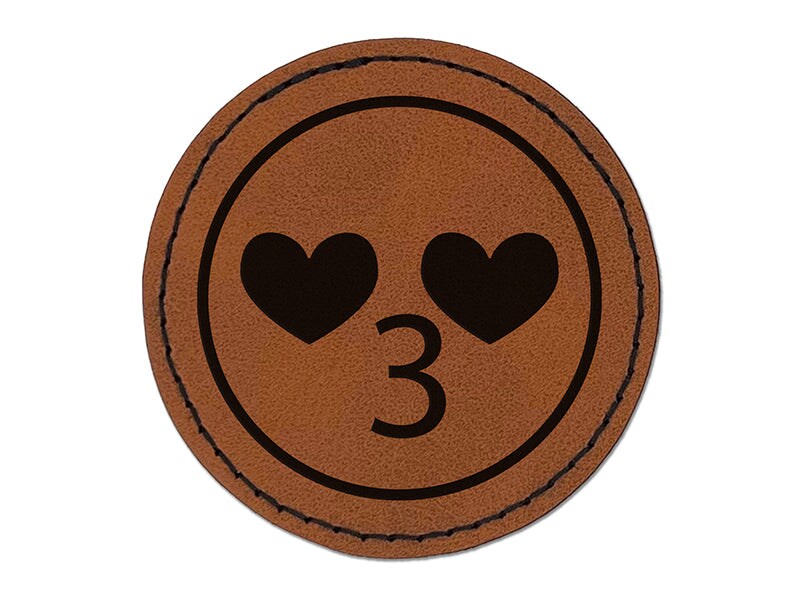 Kawaii Cute Heart Eyes Kissy Face Round Iron-On Engraved Faux Leather ...