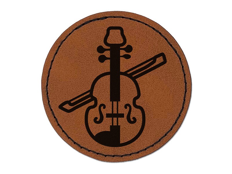 Fun Violin with Bow Icon Round Iron-On Engraved Faux Leather Patch ...