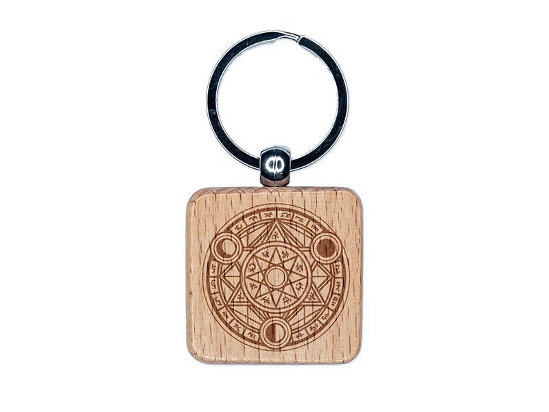 Magic Summoning Circle with Runes Engraved Wood Square Keychain Tag ...