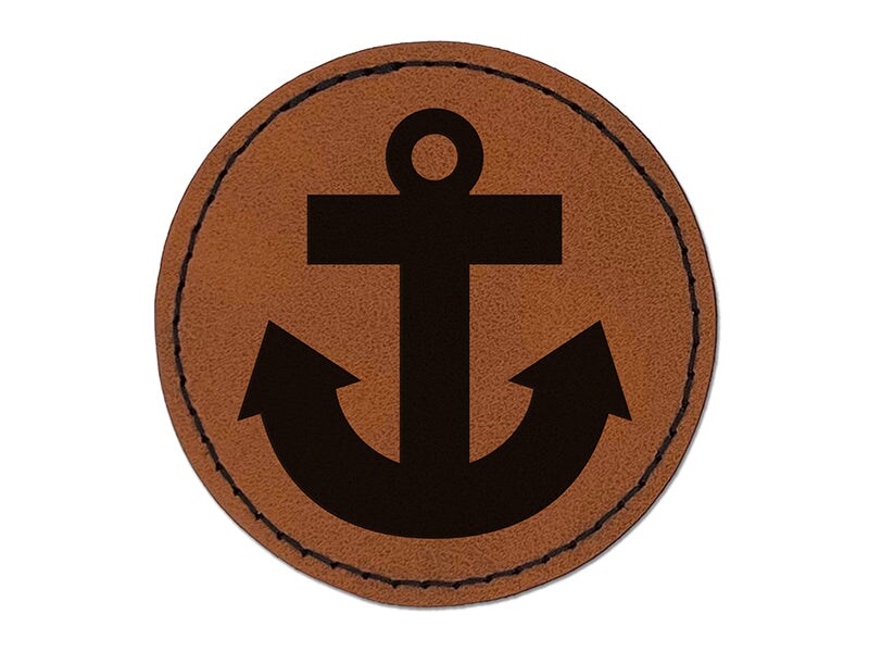 Boat Anchor Nautical Round Iron-On Engraved Faux Leather Patch Applique ...