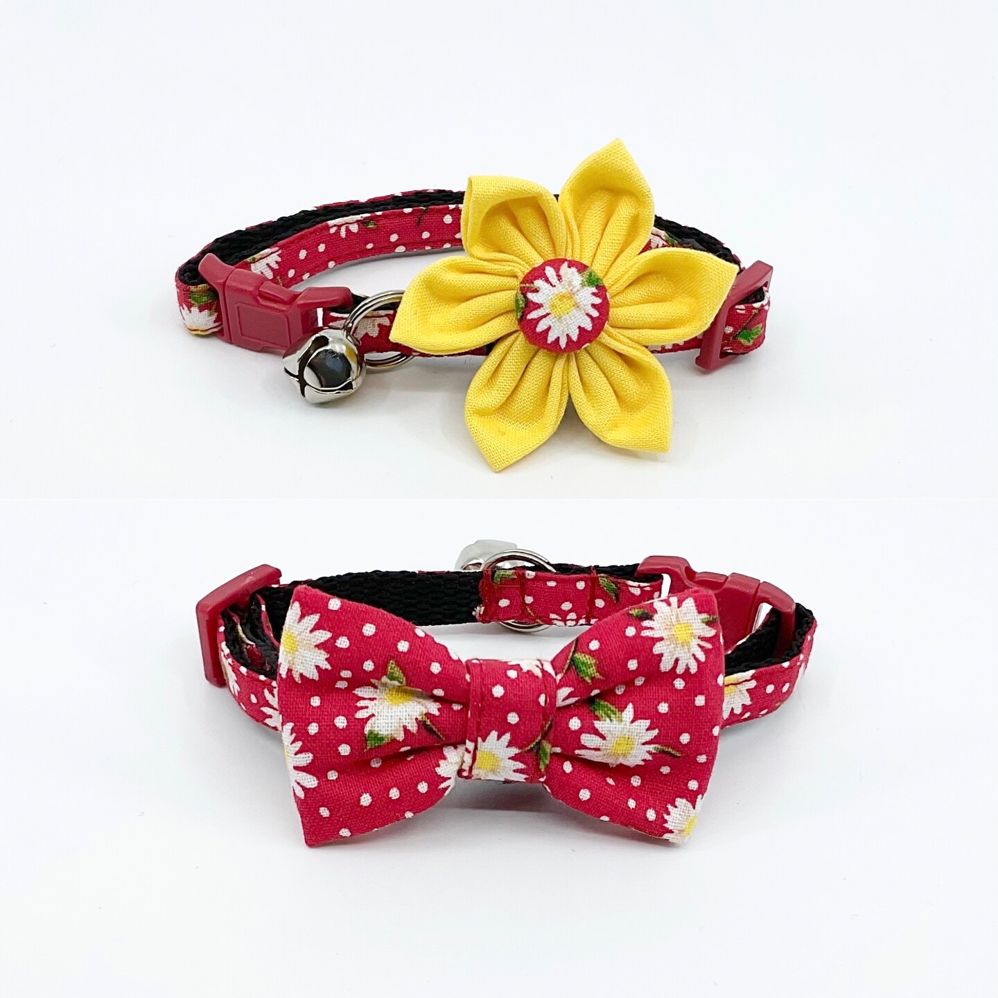Floral Cat Collar With Optional Flower Or Bow Tie Daisy’s On Red Polka ...