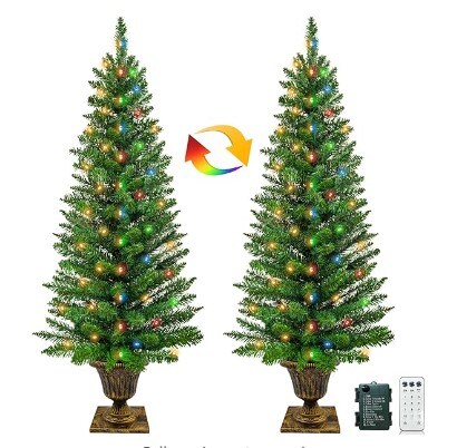 4 Ft 2 Pack Potted Artificial Christmas Tree with Timer 80 Warm White & Multi Colour Change ...