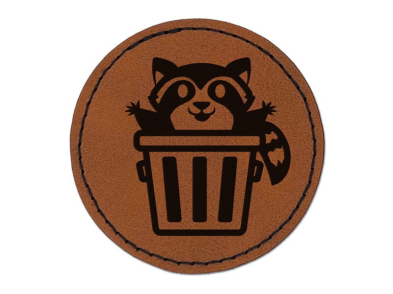 Lively Raccoon in Trash Can Round Iron-On Engraved Faux Leather Patch ...