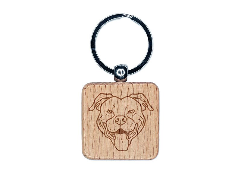 Happy Pit Bull Face Engraved Wood Square Keychain Tag Charm | Michaels
