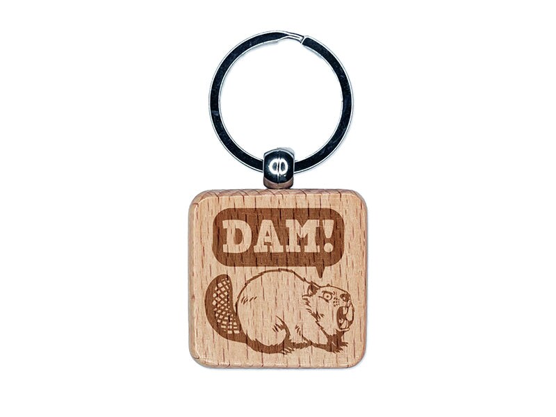 Grumpy Beaver Yelling Dam Engraved Wood Square Keychain Tag Charm ...
